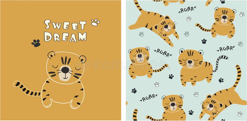 Set of Tiger Print and Seamless Pattern with Cute Tigers.vector ...