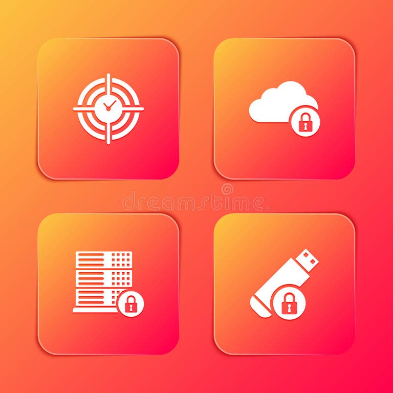Set Time Management, Cloud Computing Lock, Server Security with and USB Flash Drive Icon. Vector ...