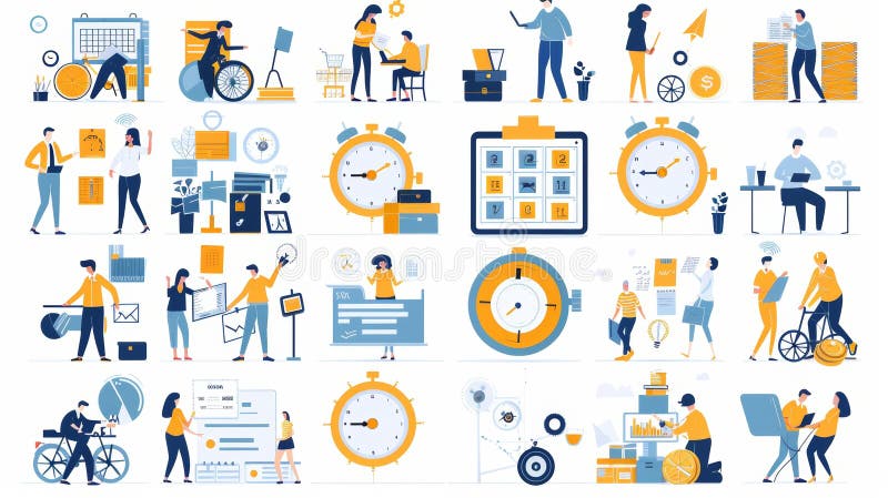 A Set of Time Management Scenes Isolated on a White Background. Flat ...