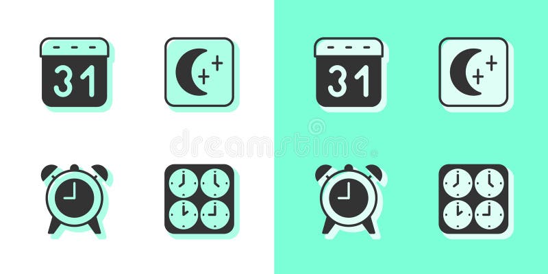 Set Time Zone Clocks, Calendar, Alarm and Moon and Stars Icon. Vector ...