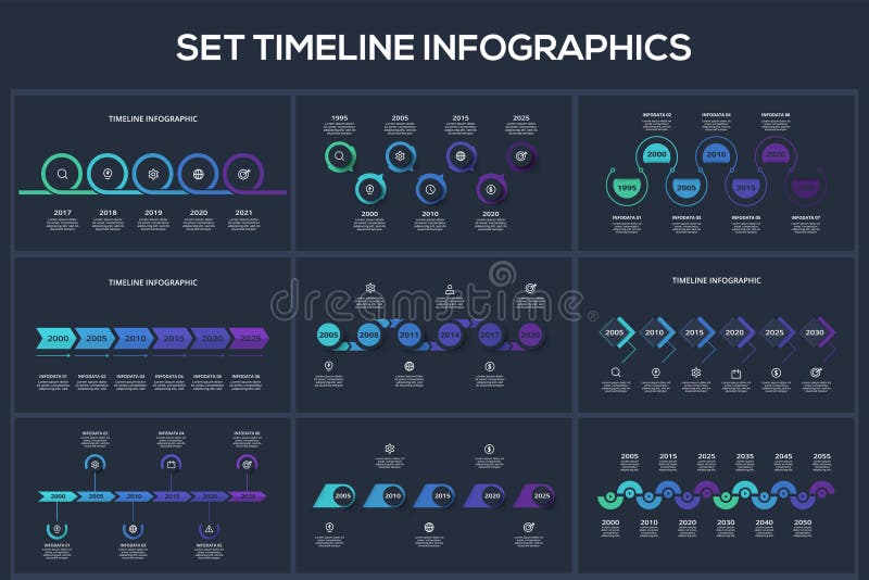 Set Timeline Dark Infographics Elements with 5, 6, 7, 12 Options ...