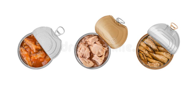 Set of Tin Cans with Different Conserved Fish on Background, Top View ...