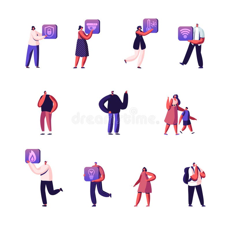 Set of Tiny Male and Female Characters with Buttons or Icons for Smart ...