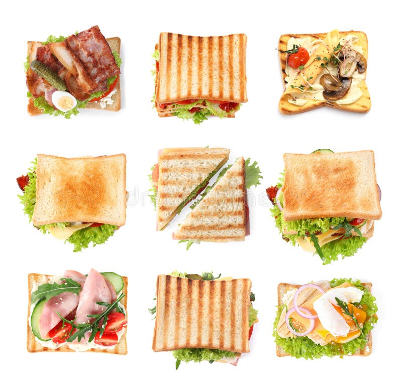 Set of Toasted Bread with Different Toppings on Background, Top View ...