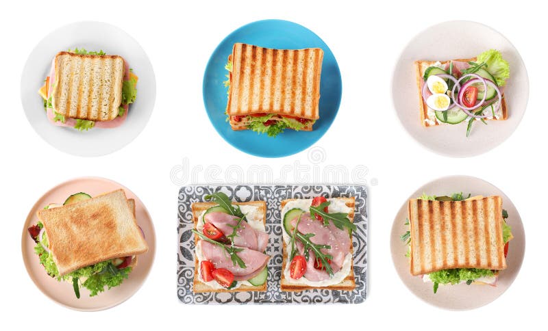 Set of Toasted Bread with Different Toppings on Background, Top View ...