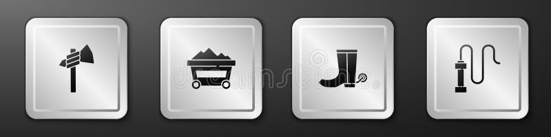 Set Tomahawk Axe, Coal Mine Trolley, Cowboy Boot and Leather Whip Icon ...