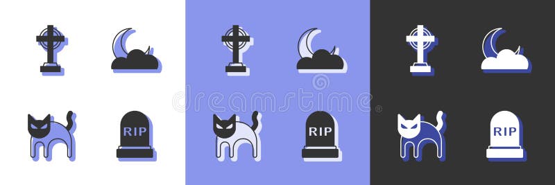 Set Tombstone with RIP Written, Cross, Black Cat and Moon and Stars ...