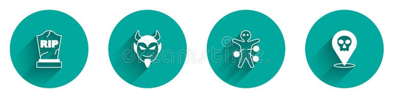 Set Tombstone with RIP Written, Devil Head, Voodoo Doll and Skull Icon ...