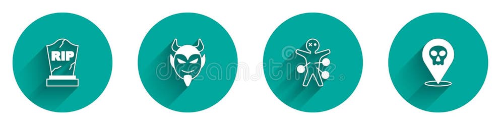 Set Tombstone with RIP Written, Devil Head, Voodoo Doll and Skull Icon ...