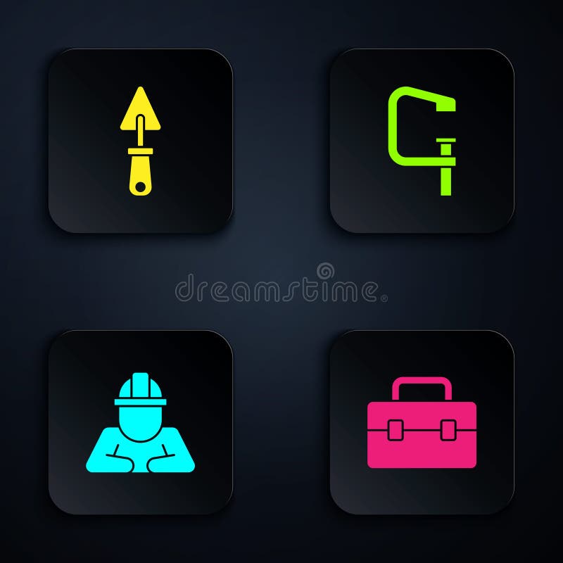 Set Toolbox, Trowel, Builder and Clamp and Tool. Black Square Button ...
