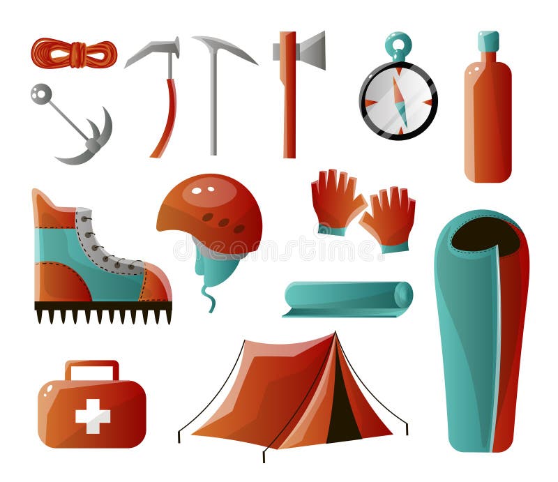 Set of Mountain Climber Tools and Equipment for Backpacking. Vector ...