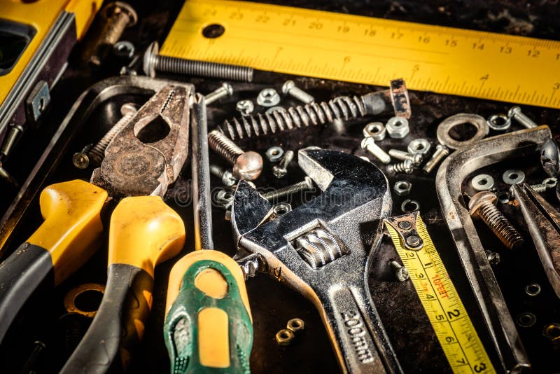 Tools on a Black Metallic Background Stock Image - Image of black ...