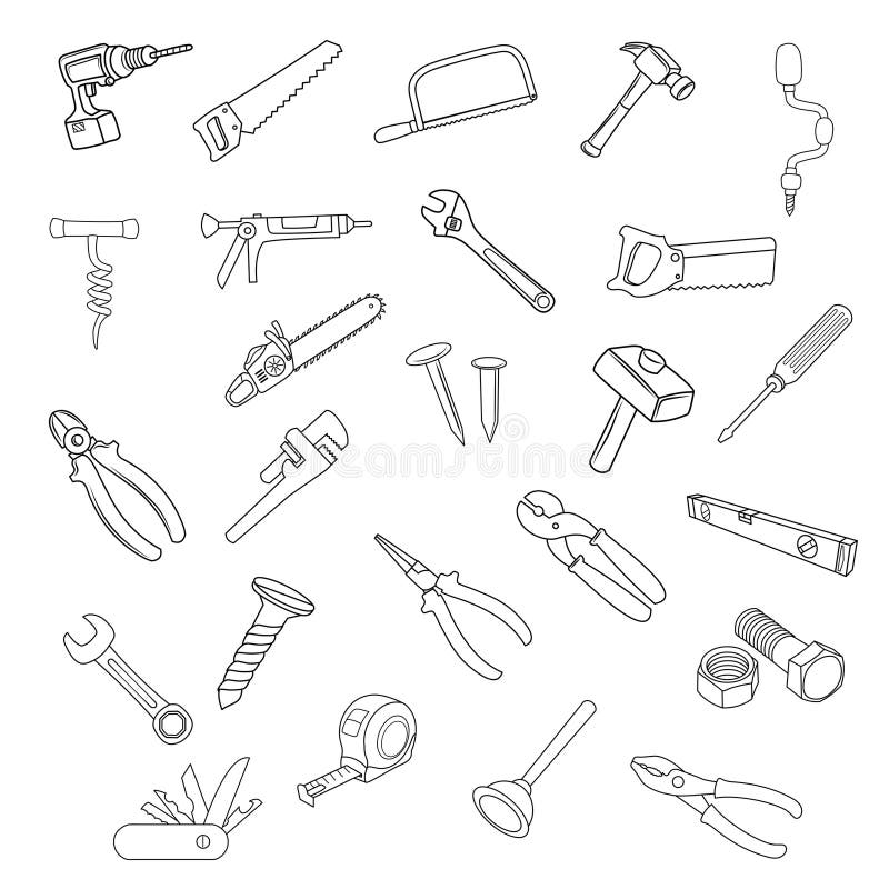 Set of 25 Tools `black Outline Vector Eps Stock Vector - Illustration ...