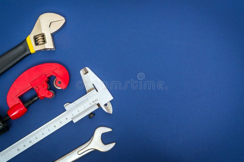 Set of Tools on Blue Background Prepared by Professional Master before ...