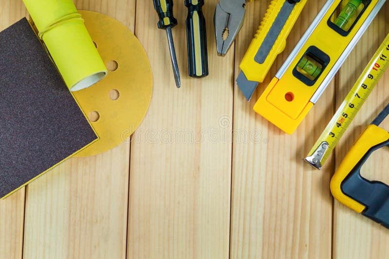 Set of Tools for the Builder on a Wooden Background with a Place for ...