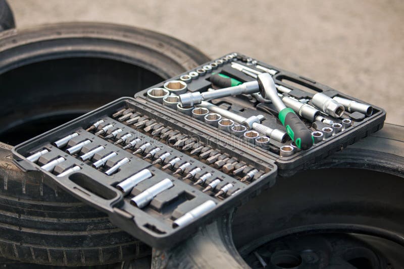Set of Tools on the Car Wheel. Close-up Shot Stock Image - Image of ...