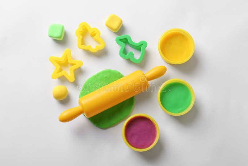 Set of Tools and Color Play Dough on White Background, Top View Stock ...