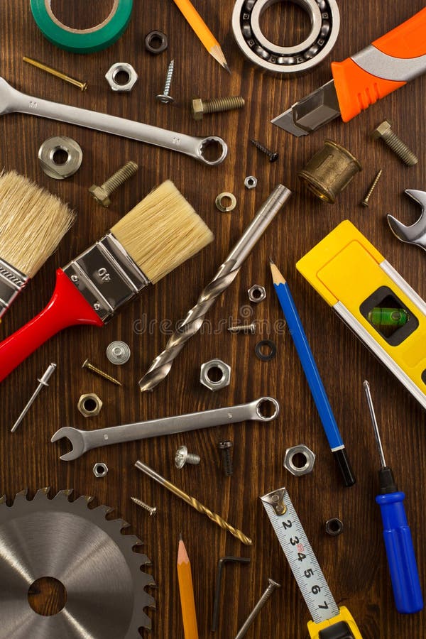 Set of Tools and Instruments on Wood Stock Image - Image of instruments ...