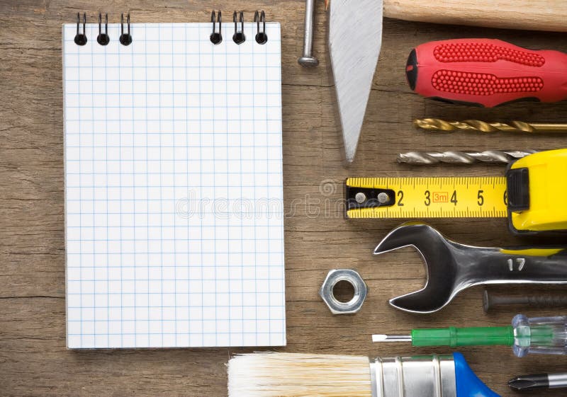 Set of Tools and Notebook on Wood Stock Image - Image of notebook ...