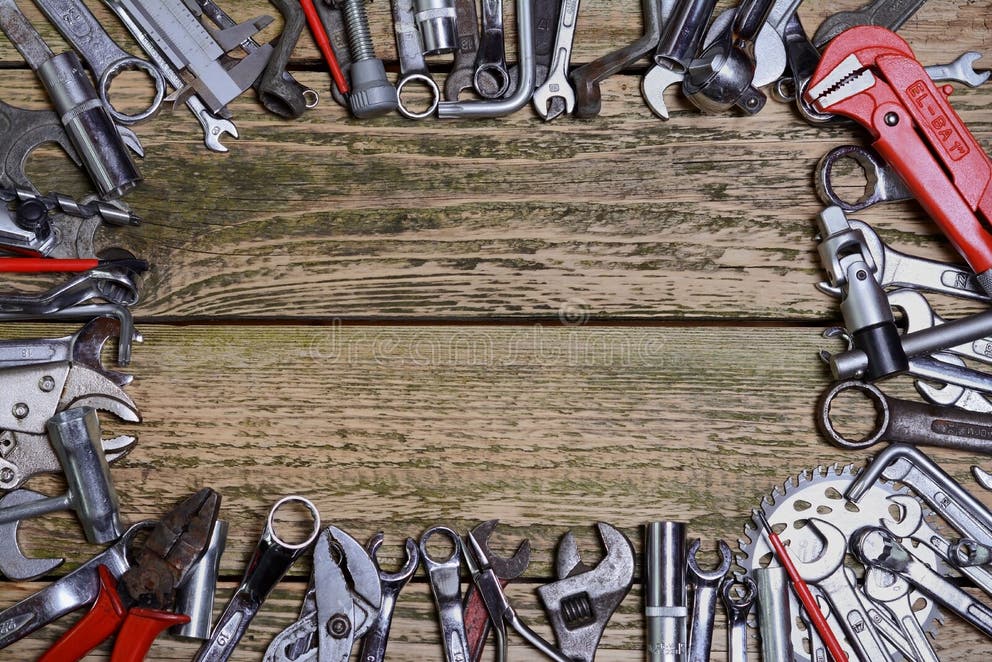 Set of Tools on the Old Wood Table Stock Image - Image of spanner, tool ...