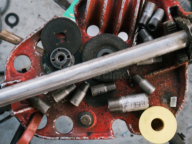 Set of Tools Over a Metal Panel and Pipes Stock Photo - Image of object ...