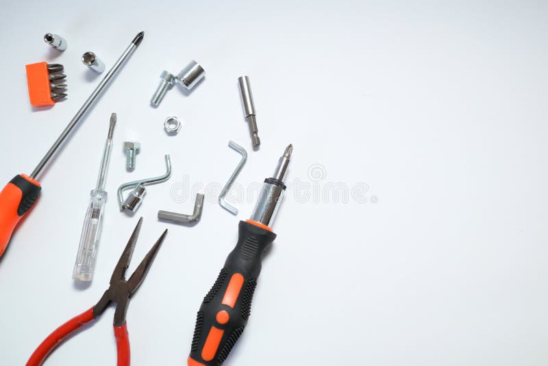 Set of Tools Over White Background, Top View with Space for Text ...