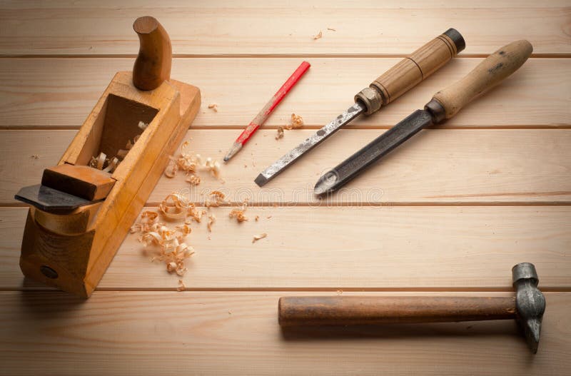 Set of Tools Over a Wood Panel with Space for Text Stock Photo - Image ...