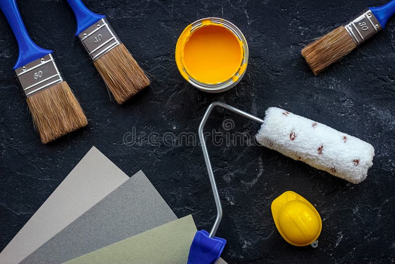 Set of Tools for Painting on Black Stone Desk Background Top View Stock ...