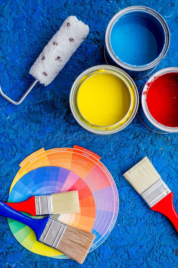 Set of Tools for Painting on Blue Wooden Desk Background Top View Stock ...