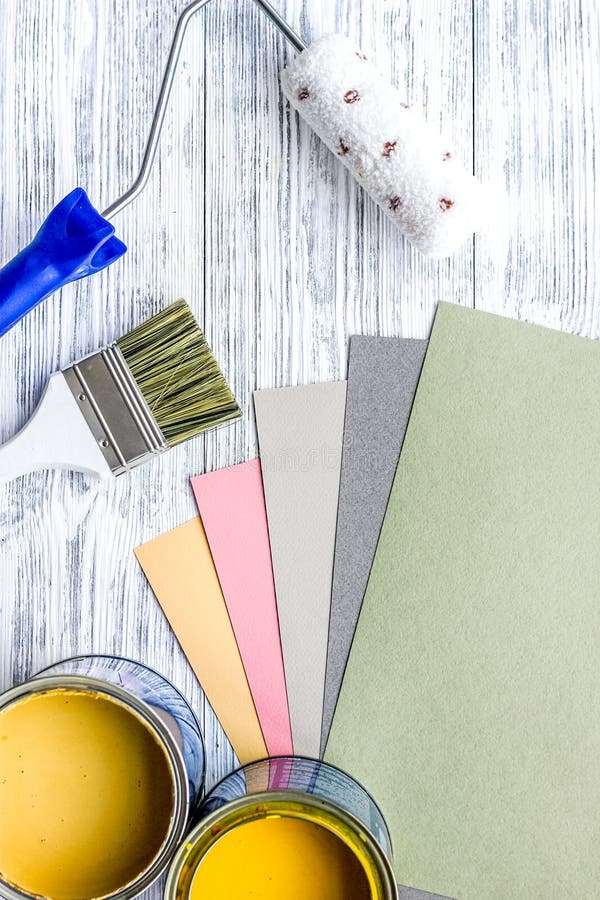 Set of Tools for Painting on Grey Wooden Table Background Top View ...