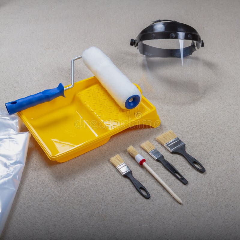 A Set of Tools for Painting Walls with Paint. Brushes, Tray, Roller on ...