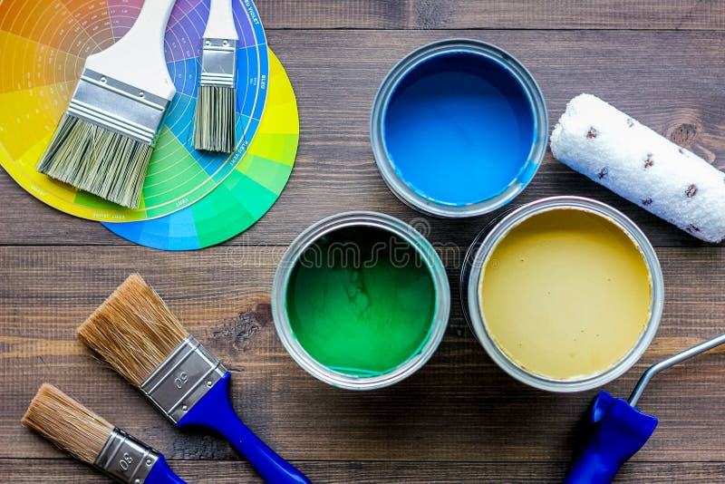 Set of Tools for Painting on Wooden Table Background Top View Stock ...