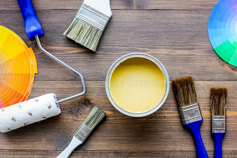 Set of Tools for Painting on Wooden Table Background Top View Stock ...