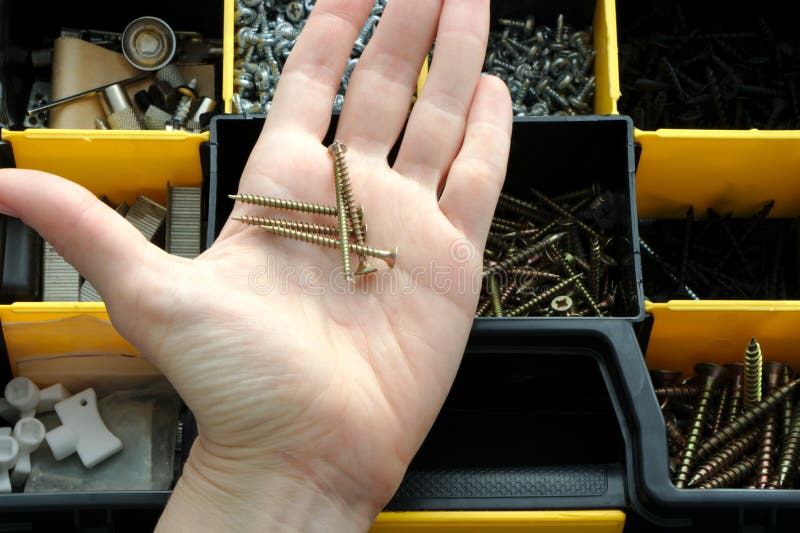 Set of Tools in a Plastic Box, Screws in Hand. Stock Photo - Image of ...