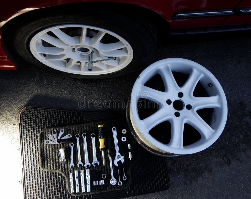 Set of Tools for Replacement Car Disc Near Vehicle Wheel Stock Image ...