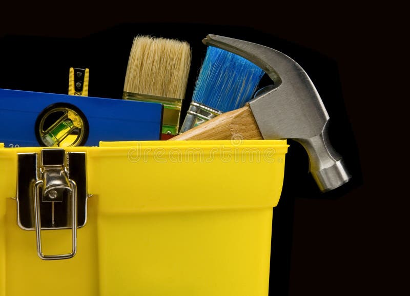 Set of Tools in Toolbox on Black Stock Image - Image of scale ...