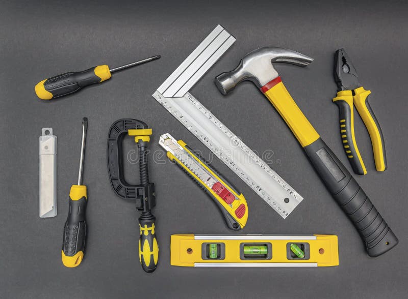 Set of Tools. Top View of Mechanic Tools on Black Background Stock ...