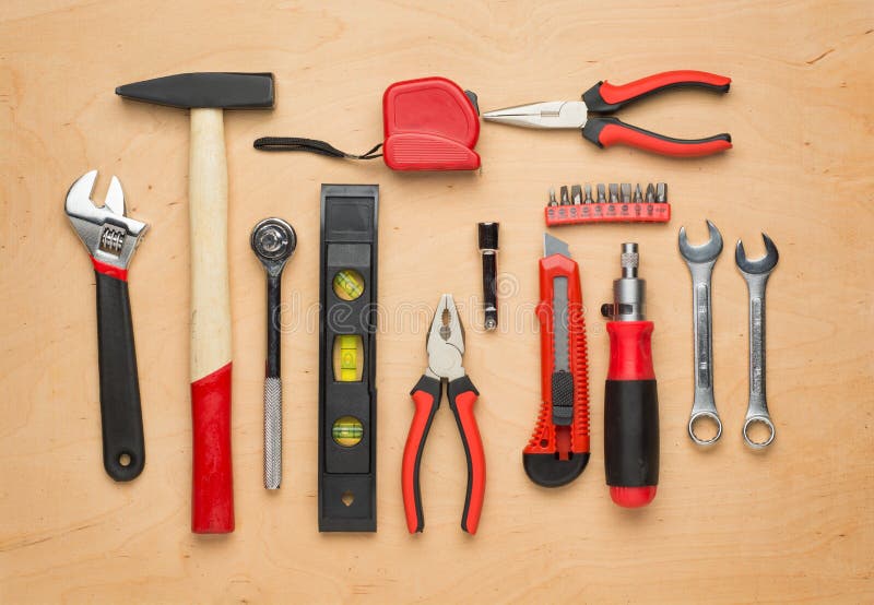 Set of Tools on a Wood Panel Stock Photo - Image of handyman, metal ...