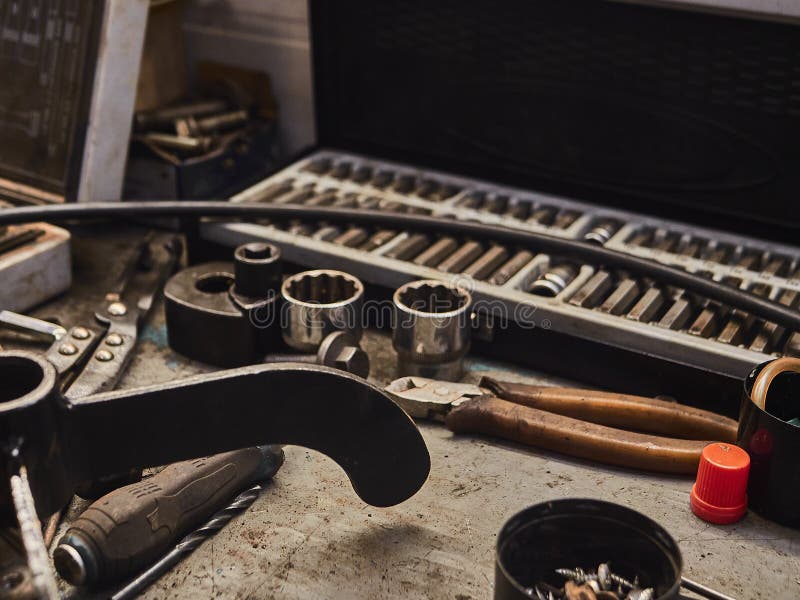 A Set of Tools and Wrenches in a Car Workshop Stock Photo - Image of ...
