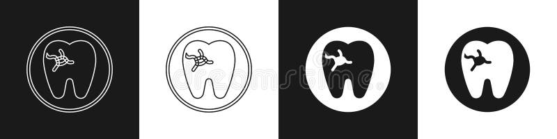 Set Tooth with Caries Icon Isolated on Black and White Background ...