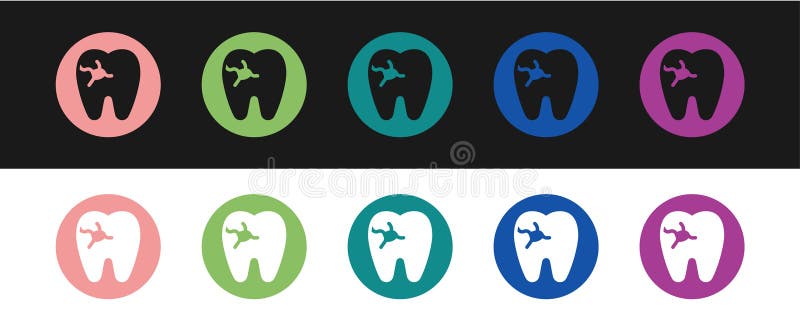 Set Tooth with Caries Icon Isolated on Black and White Background ...