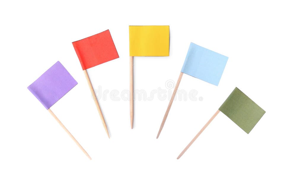 Set of Toothpicks with Small Colorful Paper Flags on White Background ...