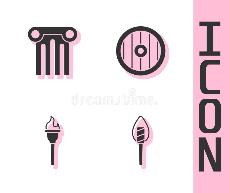 Set Torch Flame, Ancient Column, and Greek Shield Icon. Vector Stock ...