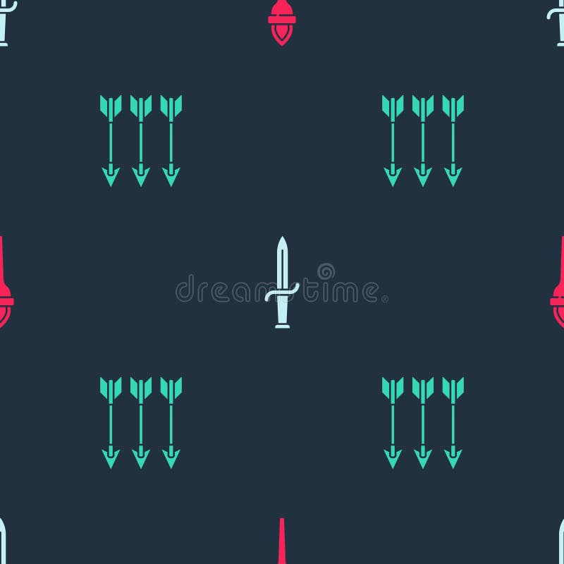 Set Torch Flame, Dagger and Crossed Arrows on Seamless Pattern. Vector ...