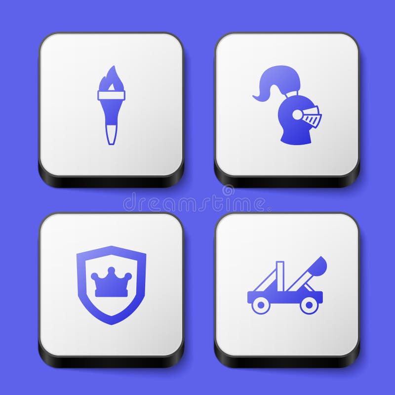 Set Torch Flame, Medieval Helmet, Shield with Crown and Catapult Icon ...