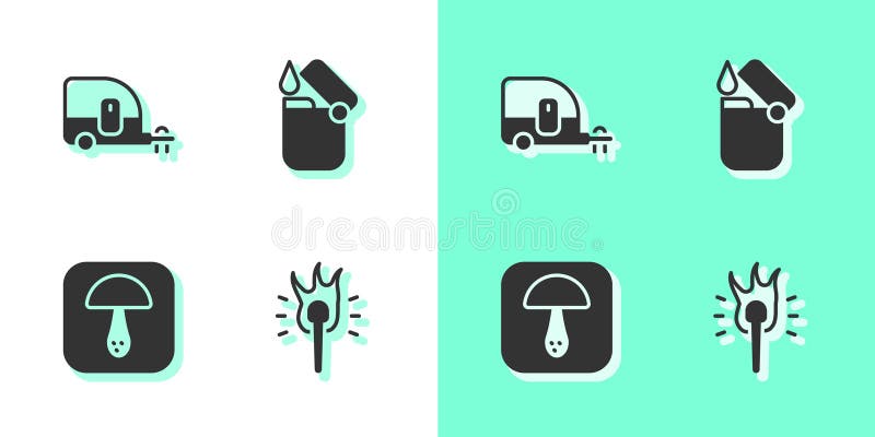 Set Torch Flame, Rv Camping Trailer, Mushroom and Lighter Icon. Vector ...