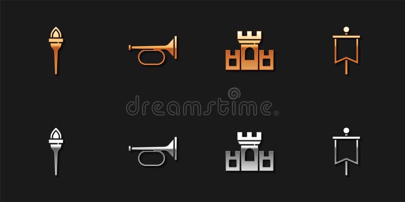 Set Torch Flame, Trumpet, Castle, Fortress and Medieval Flag Icon ...