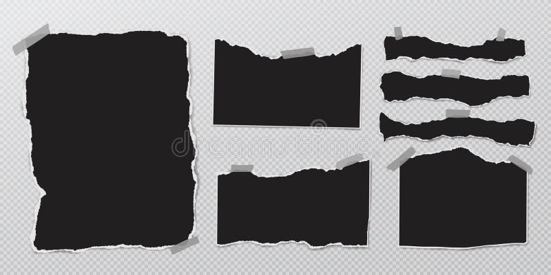 Set of Torn Black Note Paper Pieces with Sticky Tape are on Transparent ...