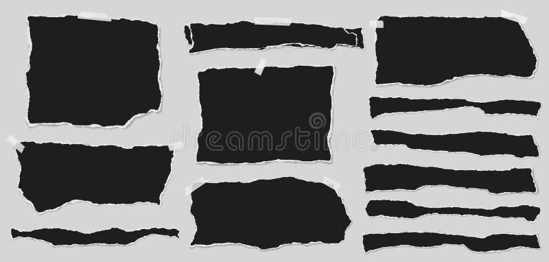 Set of Torn Black Note Paper Pieces with Sticky Tape are on Transparent ...