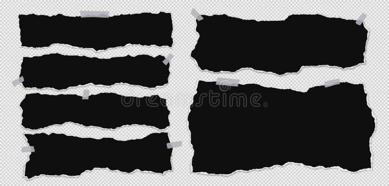 Set of Torn Black Note Paper Pieces with Sticky Tape are on Transparent ...